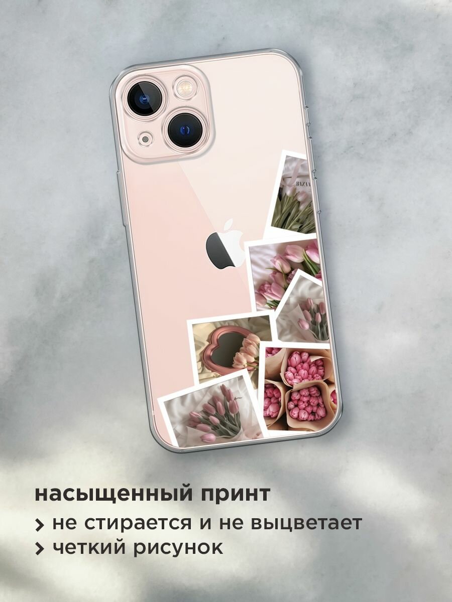 Чехол на Apple iPhone 13 mini / Айфон 13 мини с принтом "Весенние фото - 8 марта", прозрачный — фото 1