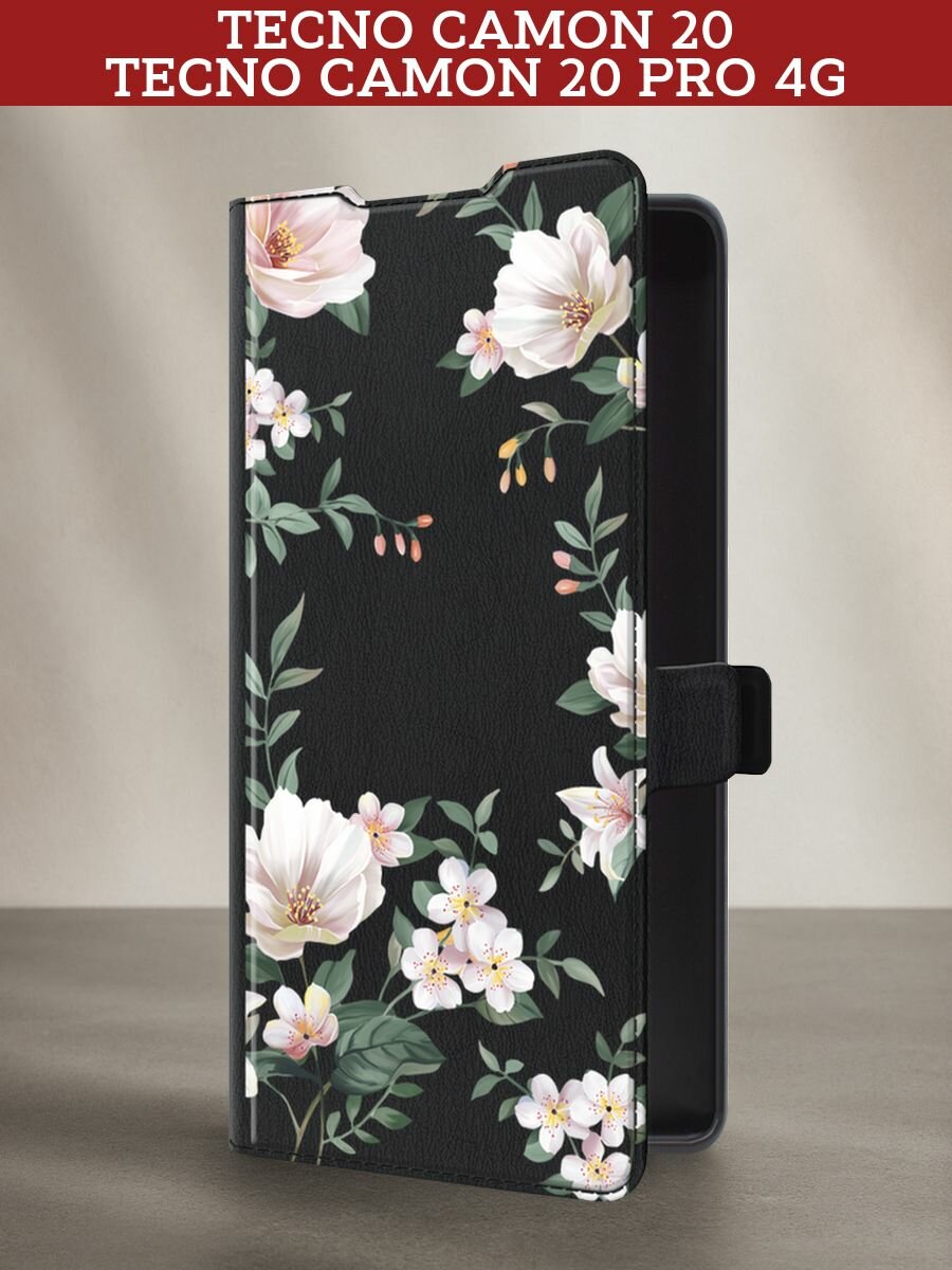 Чехол-книжка на Tecno Camon 20/20 Pro 4G / Текно Камон 20/20 Про 4G с рисунком "Beautiful white flowers"