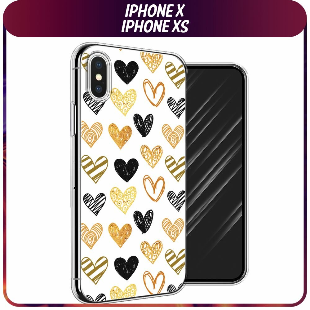 Чехол на Apple iPhone X / Айфон X с принтом фон из сердечек 2