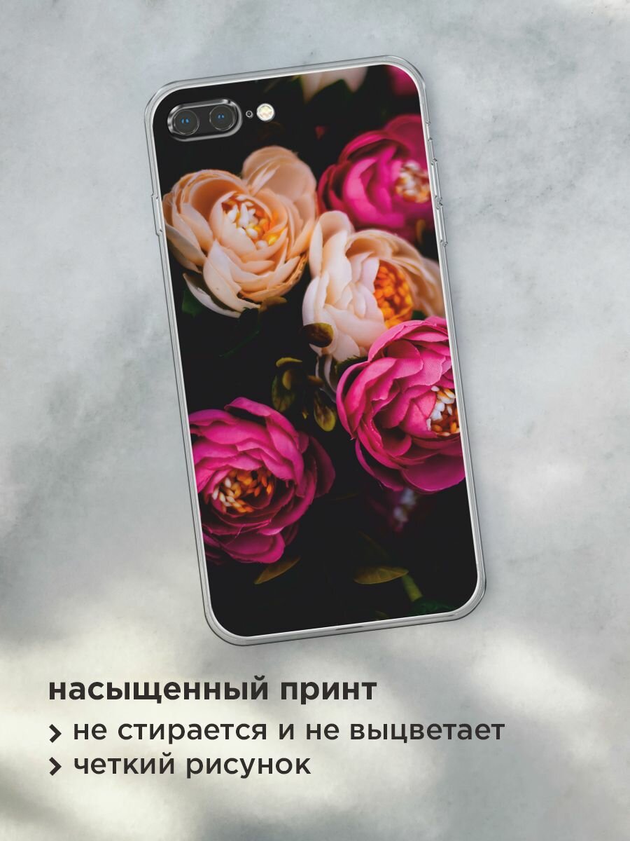 Чехол на Apple iPhone 7 Plus / Айфон 7 Плюс с принтом "Розовые пионы на черном" — фото 1