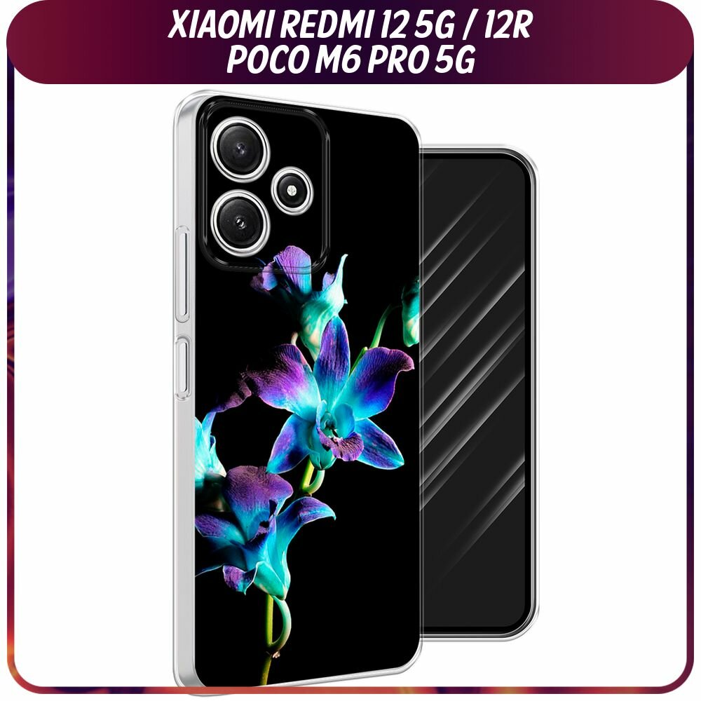 Чехол на Xiaomi Redmi 12 5G / Сяоми Редми 12 5G с принтом "Синий цветок на черном"
