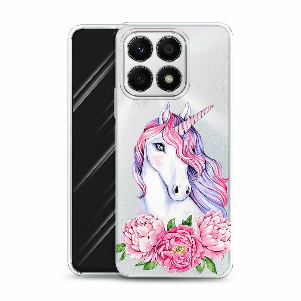 Чехол на Honor X8A / Хонор X8A с принтом "Единорог с пионами", прозрачный — фото 1