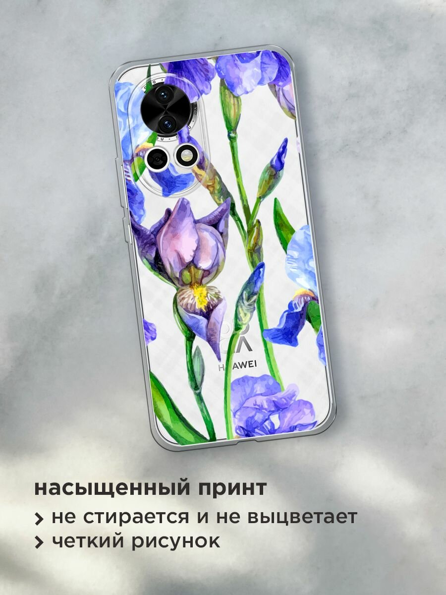 Чехол на Huawei Nova 12/Nova13 / Хуавей Нова 12/Нова 13 с принтом "Синие ирисы", прозрачный — фото 1