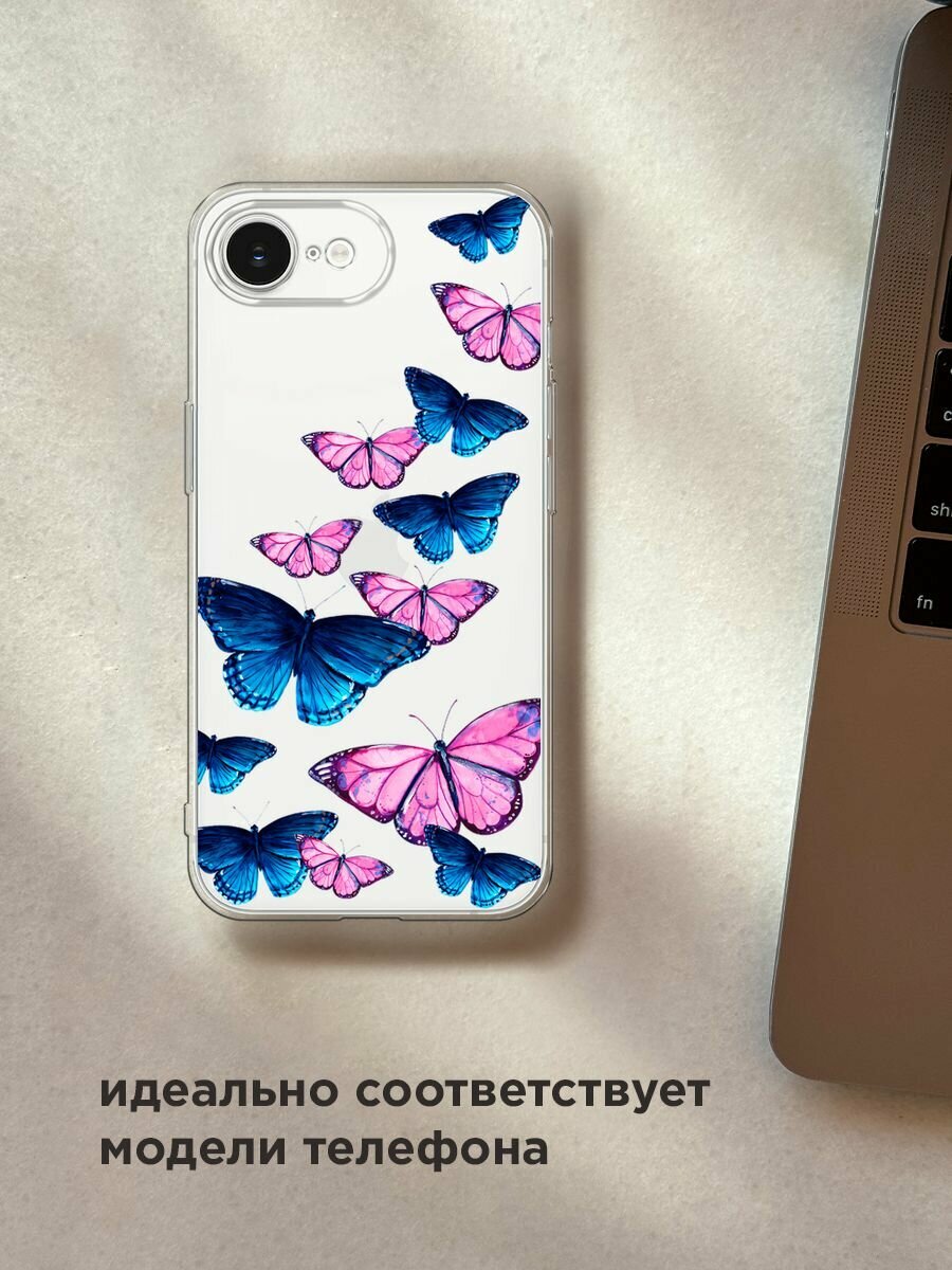 Чехол на Apple iPhone 16e/17e / Айфон 16е/17e с принтом "Взлетающие бабочки", прозрачный — фото 1