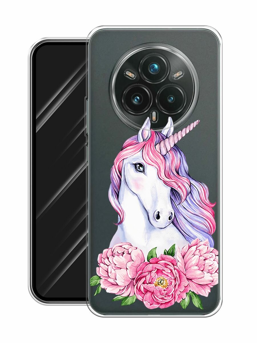 Чехол на Realme 14 Pro / Реалми 14 Про с принтом "Единорог с пионами", прозрачный — фото 1