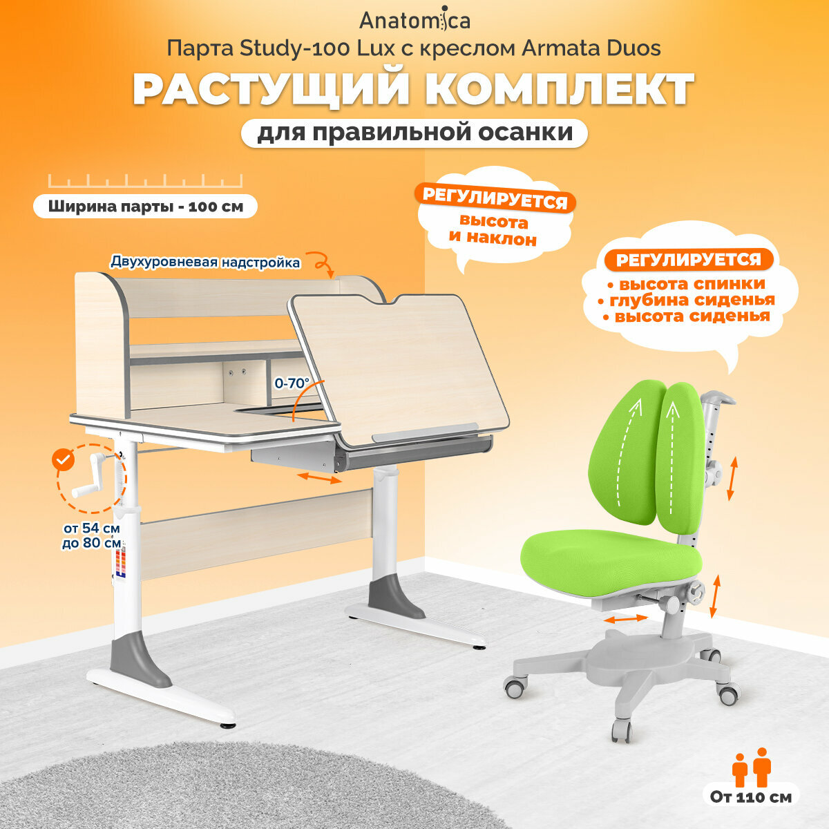 Комплект Anatomica парта + кресло, цвет клен/серый с зеленым креслом