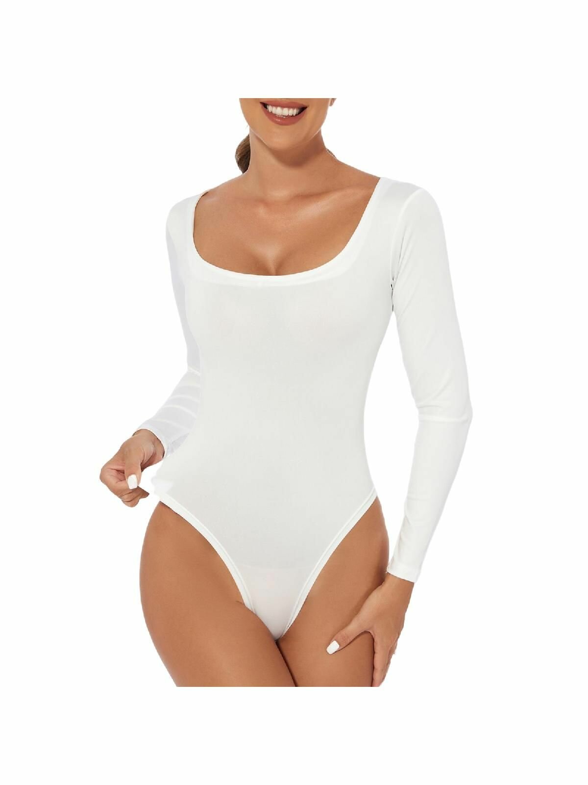 Однотонное боди с квадратным вырезом, Белый - XXXL