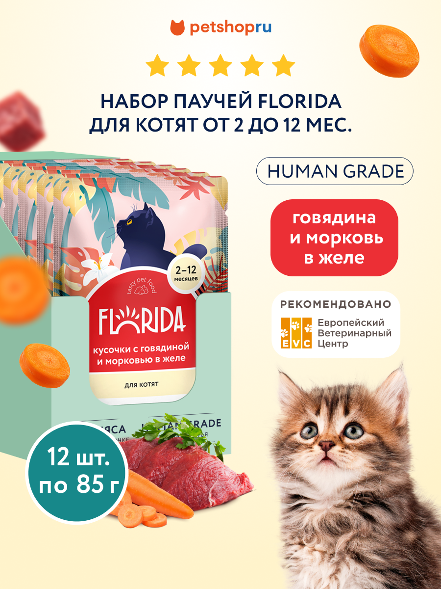 FLORIDA Паучи для котят: кусочки с говядиной и морковью в желе, 12 шт по 85 г Влажный корм