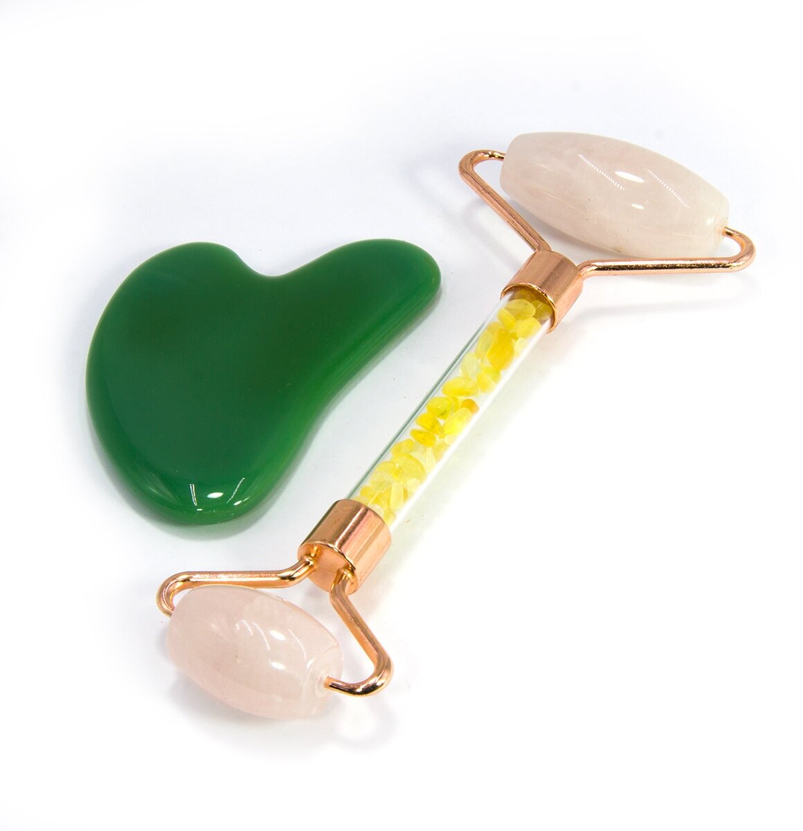 Набор Роликовый массажер и скребок гуаша, селенит И нефрит, в футляре (14 см.), 1 шт.