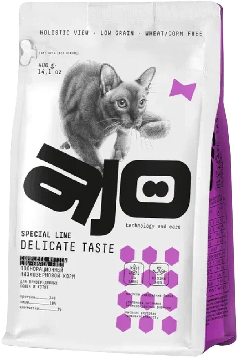 Корм сухой Ajo Cat Special Line Delicate Taste низкозерновой для привередливых кошек и котят, индейка, 0,4 кг