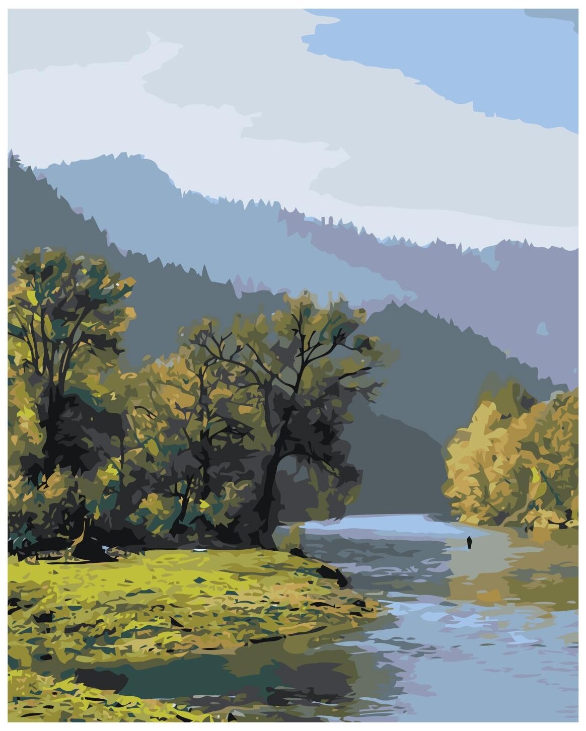 Пейзаж река в горах Раскраска картина по номерам на холсте