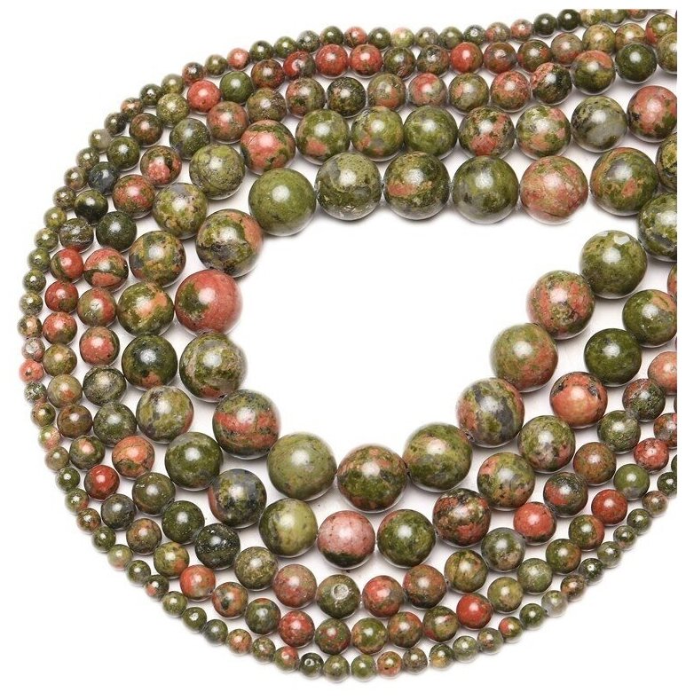 KamenOpt / Унакит бусины 10 мм, на нитке 38 см, из натурального камня