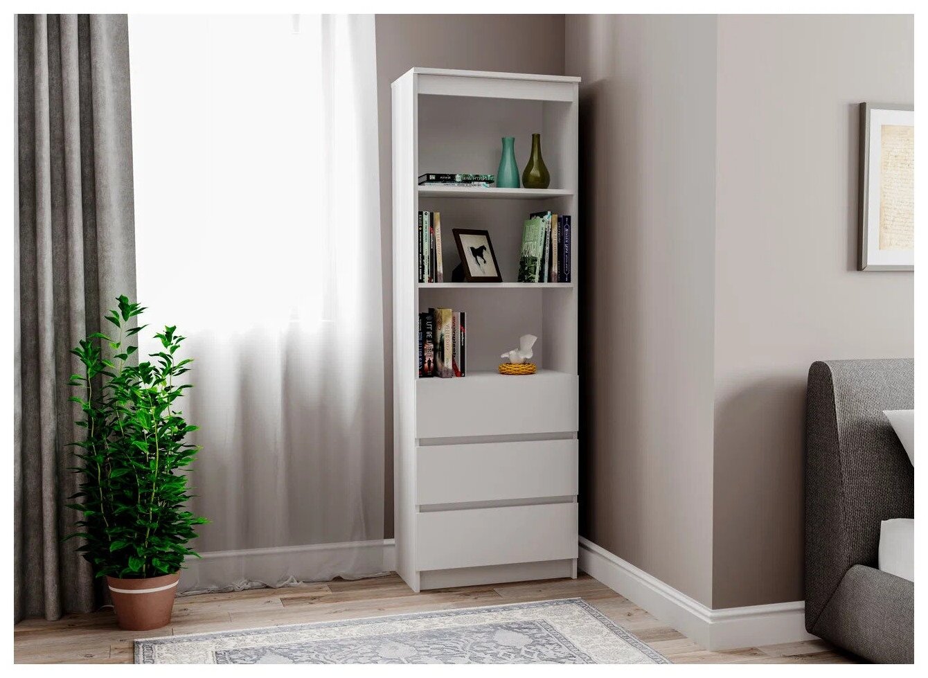 Стеллаж Мори-600 Белый , ЛДСП, частично закрытый, модульная конструкция, 60,4х35,4х180см