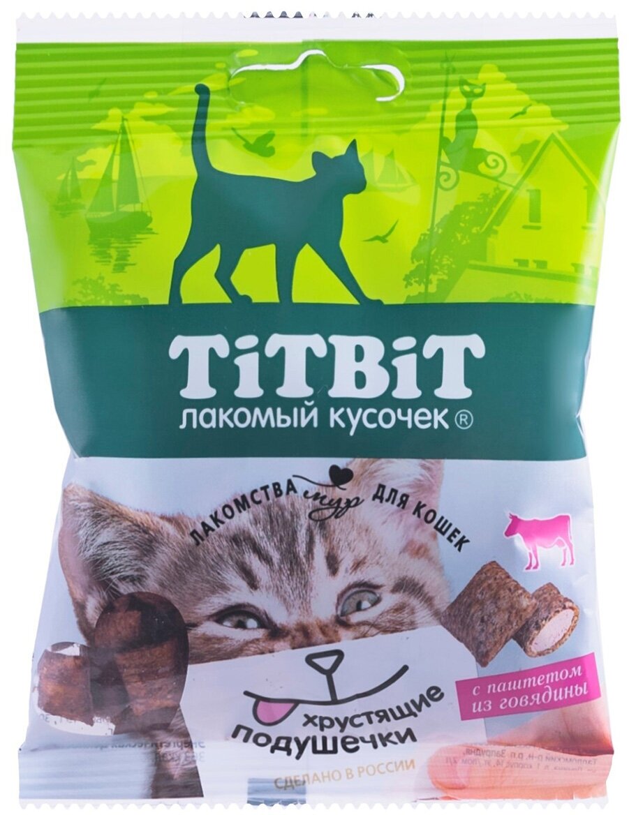 Лакомство TIT BIT для кошек хрустящие подушечки с паштетом из говядины (30 гр)