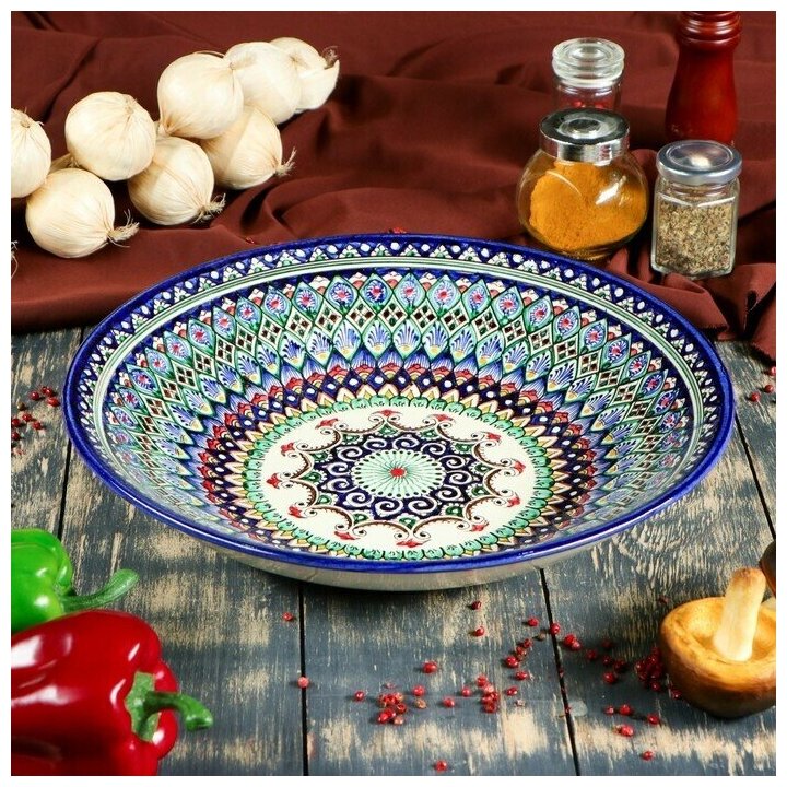 Ляган круглый глубокий, диаметр 33 см, блюдо из керамики, узбекская посуда, тарелки для сервировки