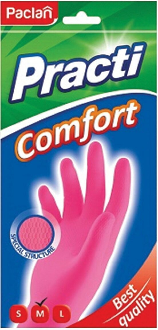 Перчатки хозяйственные латексные, хлопчатобумажное напыление, размер M (средний), розовые, PACLAN "Practi Comfort", 407271