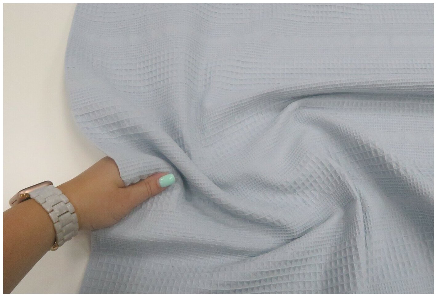 Вафельное полотно/пике (PIQUE) полоска "пыльно голубой"