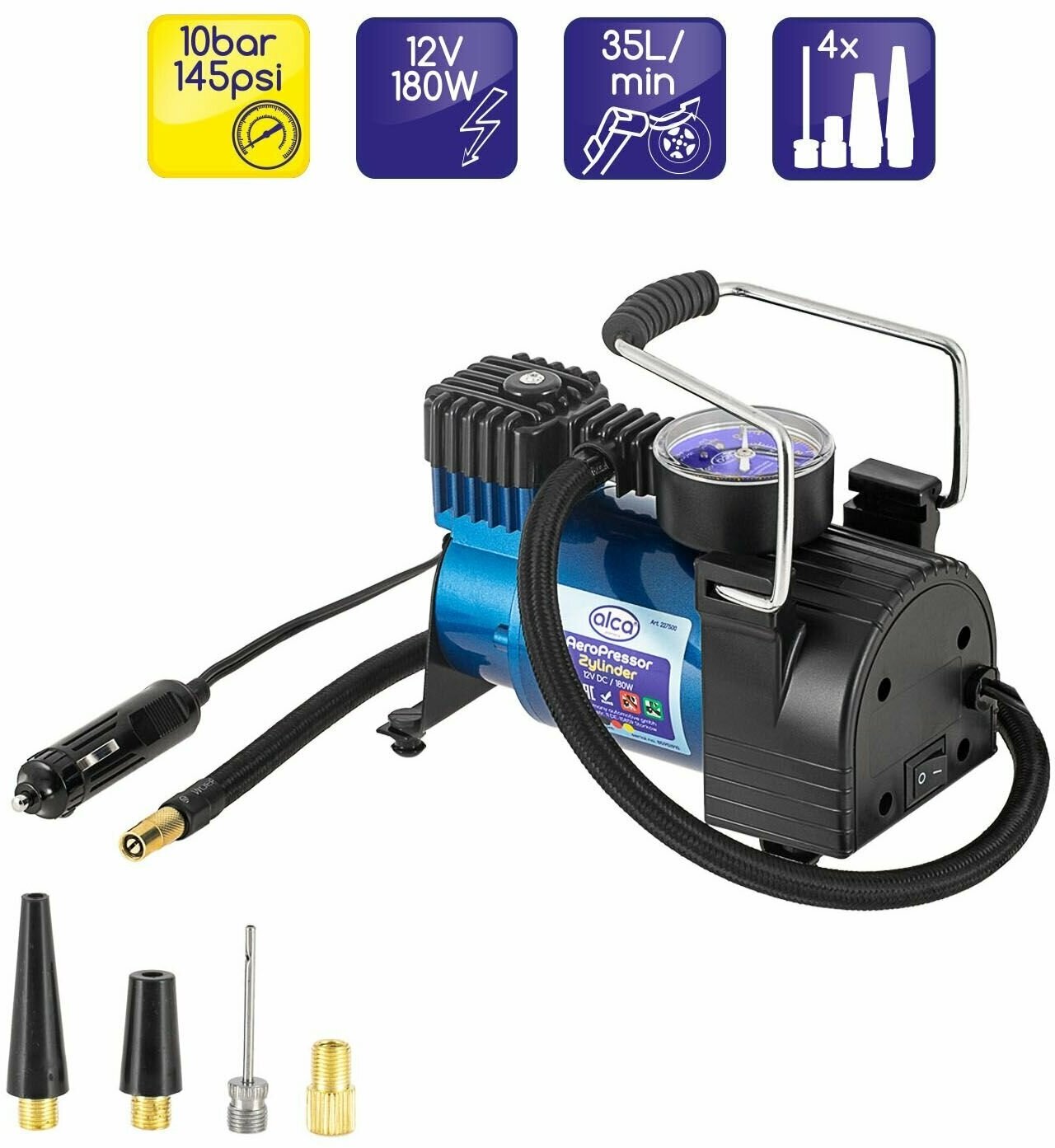 Компрессор автомобильный с подсветкой манометра 35 л/мин, 10 bar, 12В, ALCA