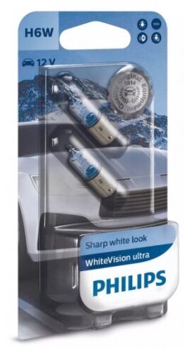 Лампа автомобильная Philips White Vision ultra H6W 6W (BAX9s) 12V, 2шт, 12036WVUB2