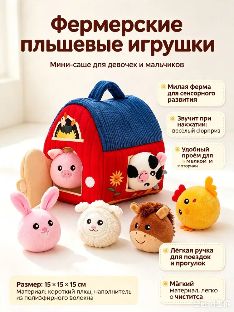Сортер для малышей, Игрушка для малышей мягкая домик-ферма с животными