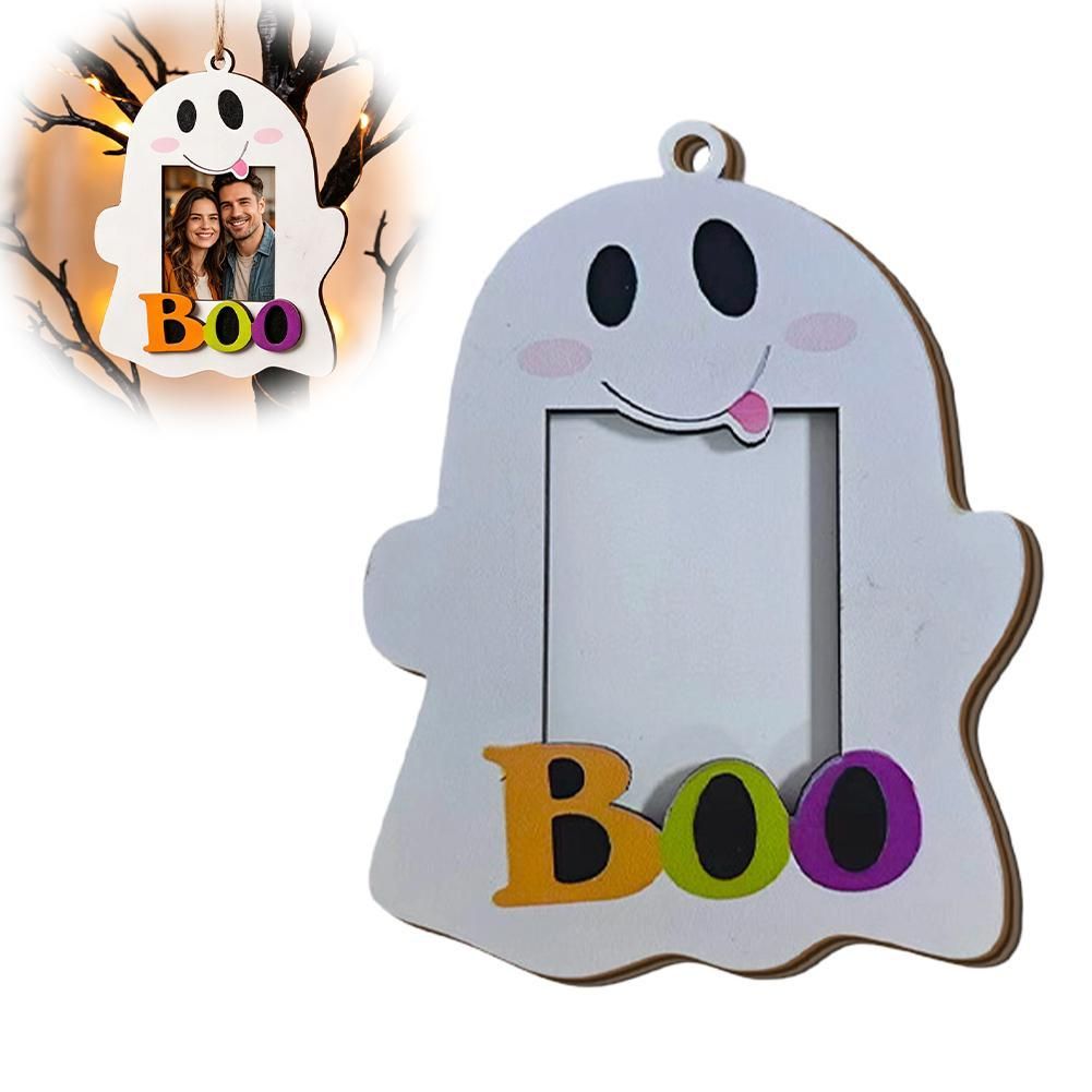 Деревянная фоторамка в форме привидения с ведьминой шляпой, надпись "BOO"