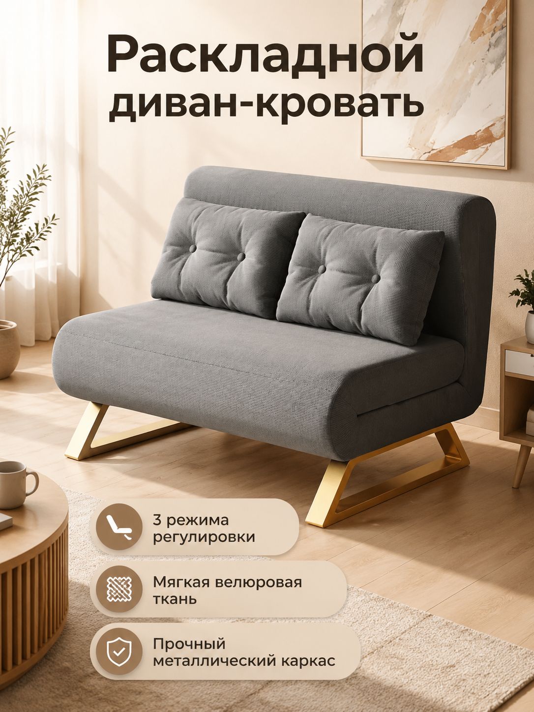 Складной диван-кровать из вельвета, 75 см, серый