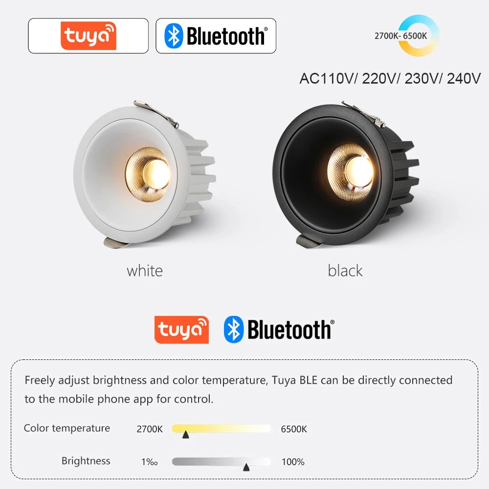 LINGYU Умный встраиваемый светодиодный светильник 5 Tuya BLE 2700-6500K, 20W Hole size 115mm, White