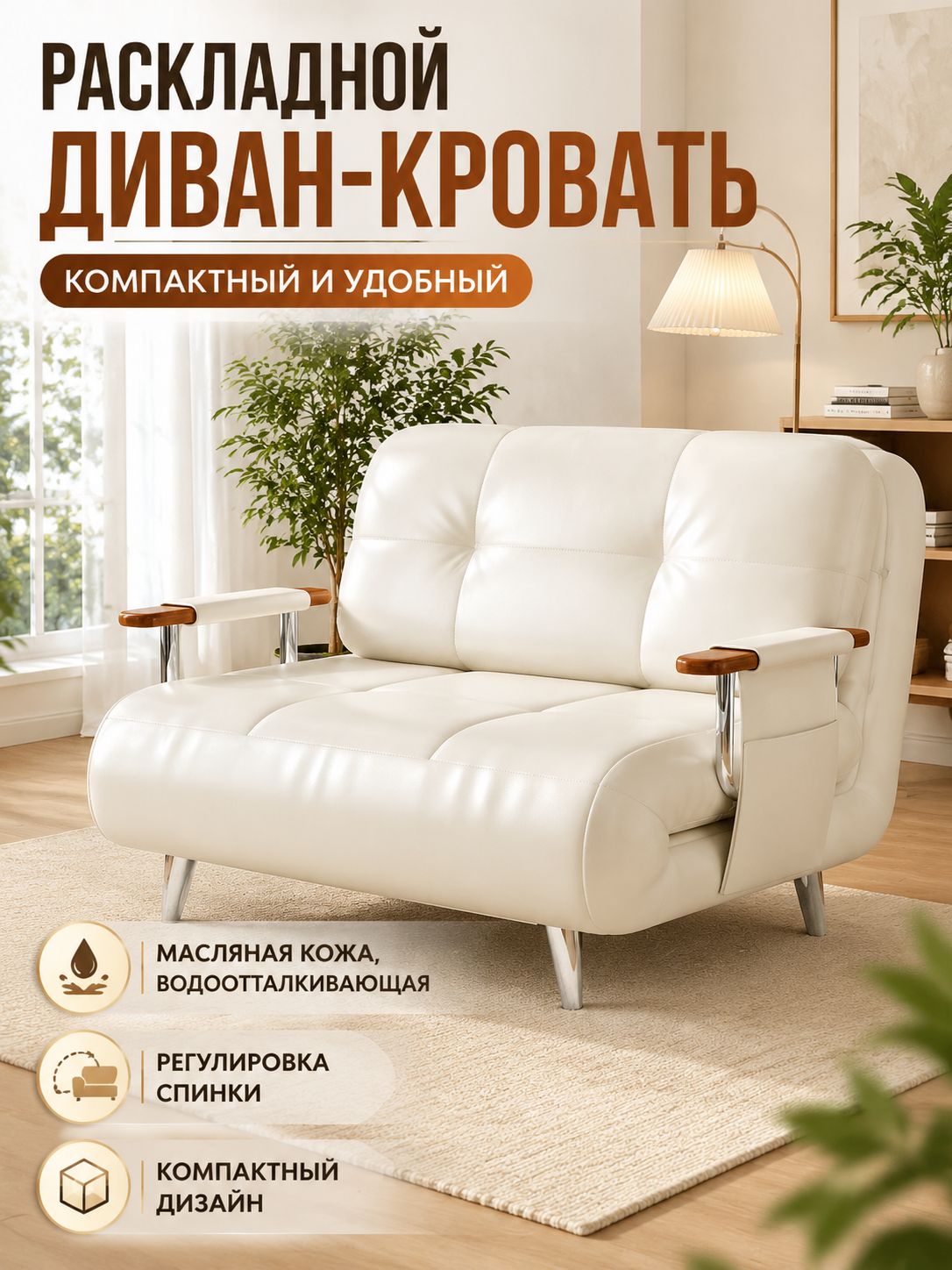 Складной диван-кровать с масляной кожей, белый, 80 см, поролон