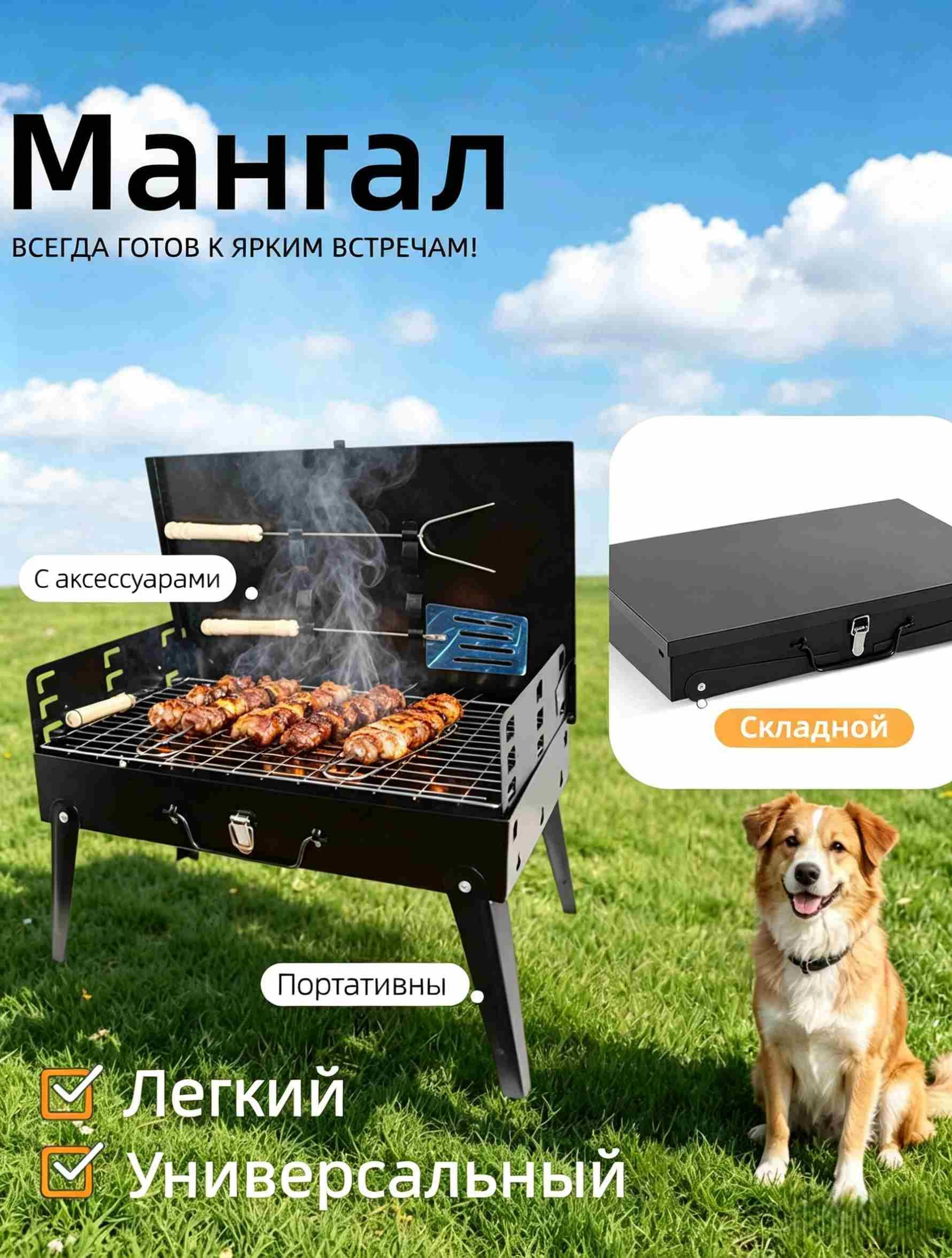 Мангал портативный складной с ручкой для пикников и кемпинга