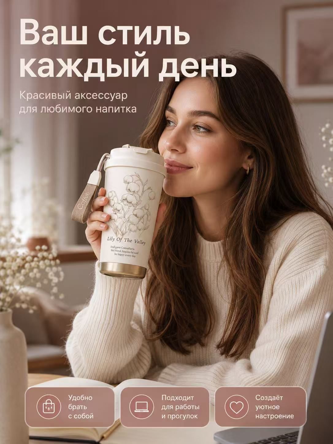 Термокружка 0.5 л, с ситечком, слоновая кость