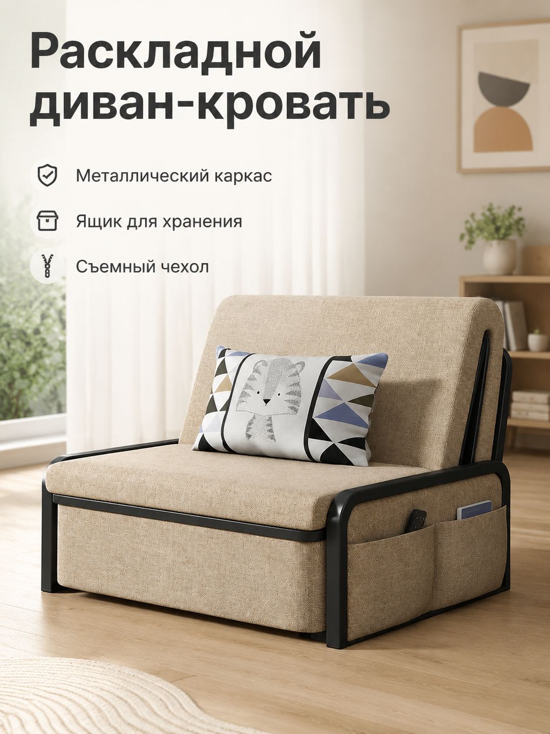 Складной диван-кровать с ящиком для хранения, 80 см, каркас черный, обивка хаки, 7 см
