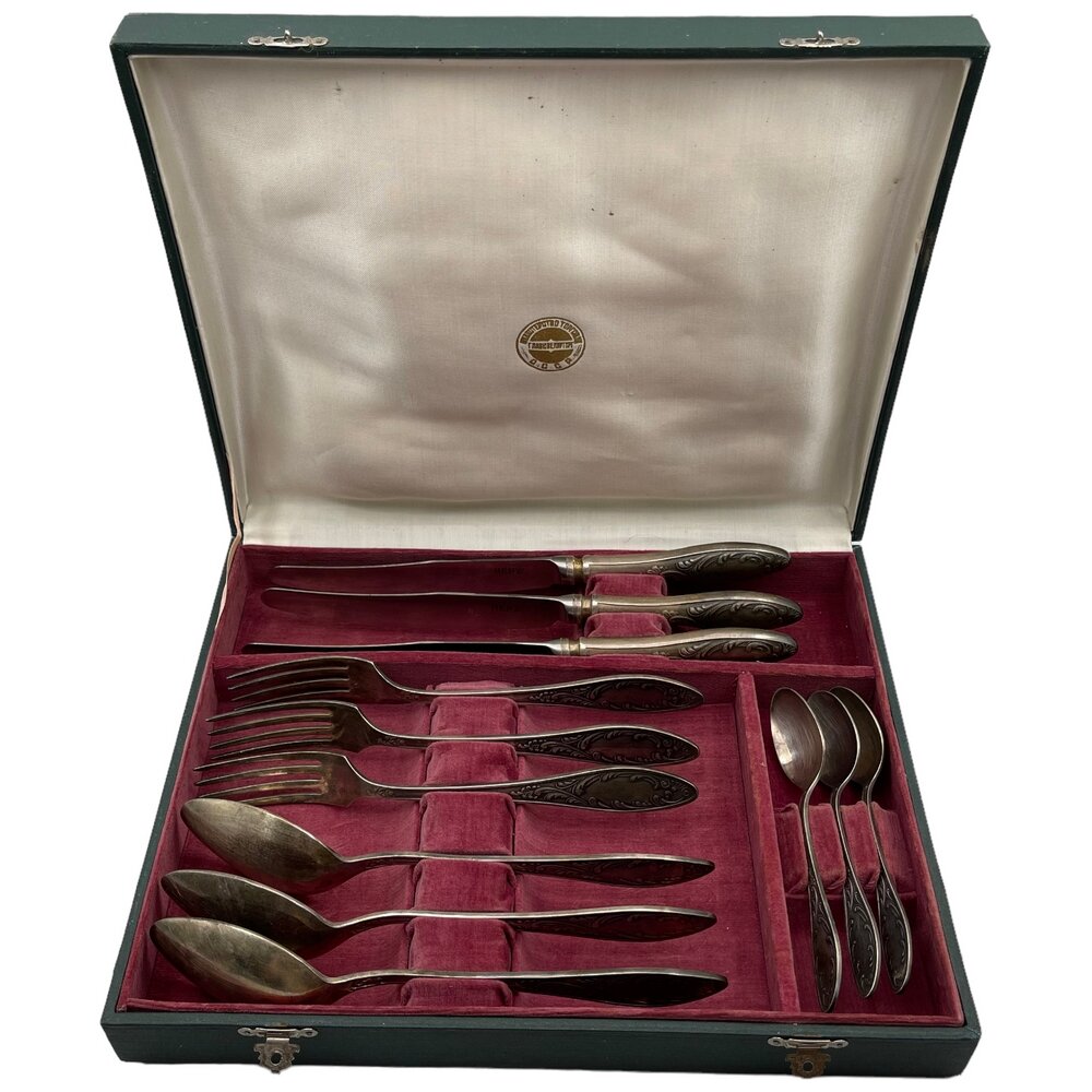 Набор столовый "Пламя", на 3 персоны (12 предметов), 1975-1985 гг, МНЦ, Режевский мехзавод, СССР