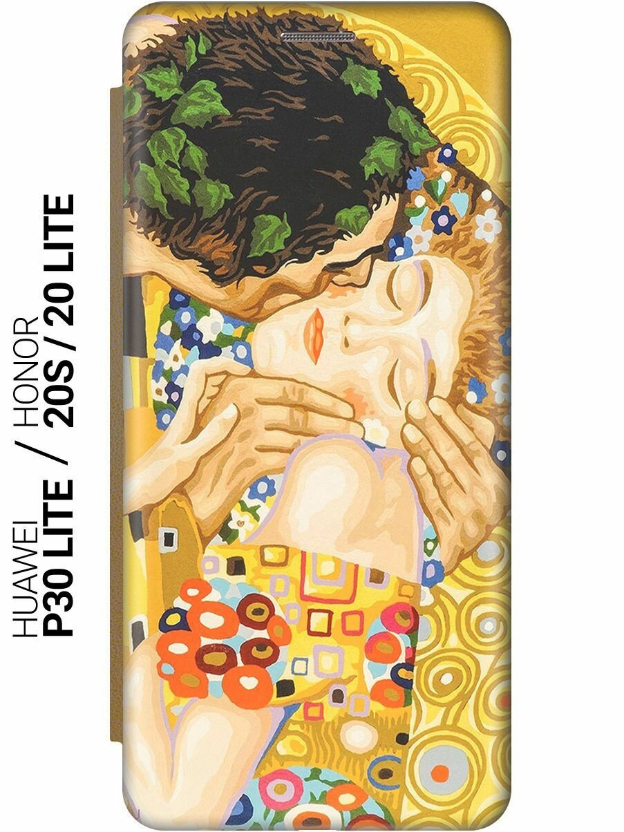 Чехол-книжка на Honor 20 Lite, 20s, Huawei P30 Lite, Хуавей П30 Лайт, Хонор 20 Лайт, 20s c принтом "Поцелуй" золотистый
