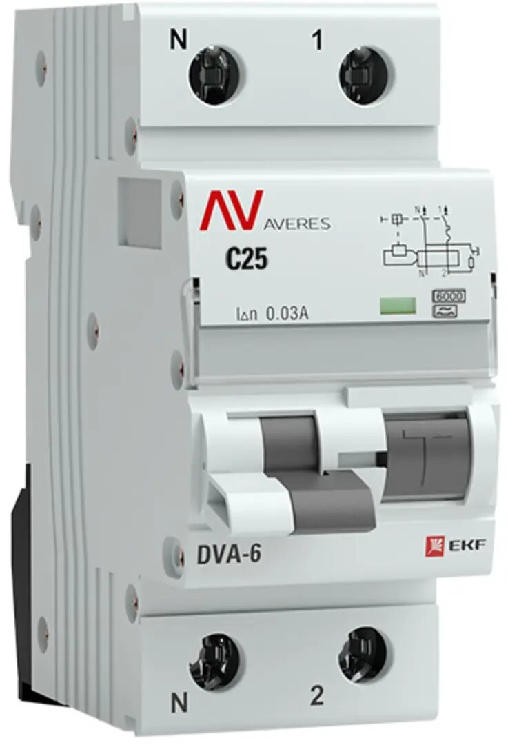 Дифференциальный автомат EKF Averes DVA-6 1P N C25 A 30 мА 6 кА AC rcbo6-1pn-25C-30-ac-av