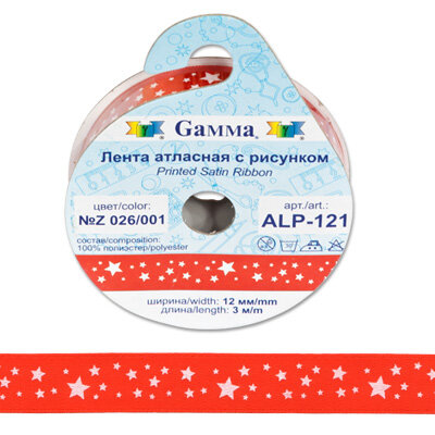 Gamma ALP-121-QF30 Лента атласная 12 мм с рисунком, длина 3 м, декоративная для рукоделия цвет P 094/001 синий/белый
