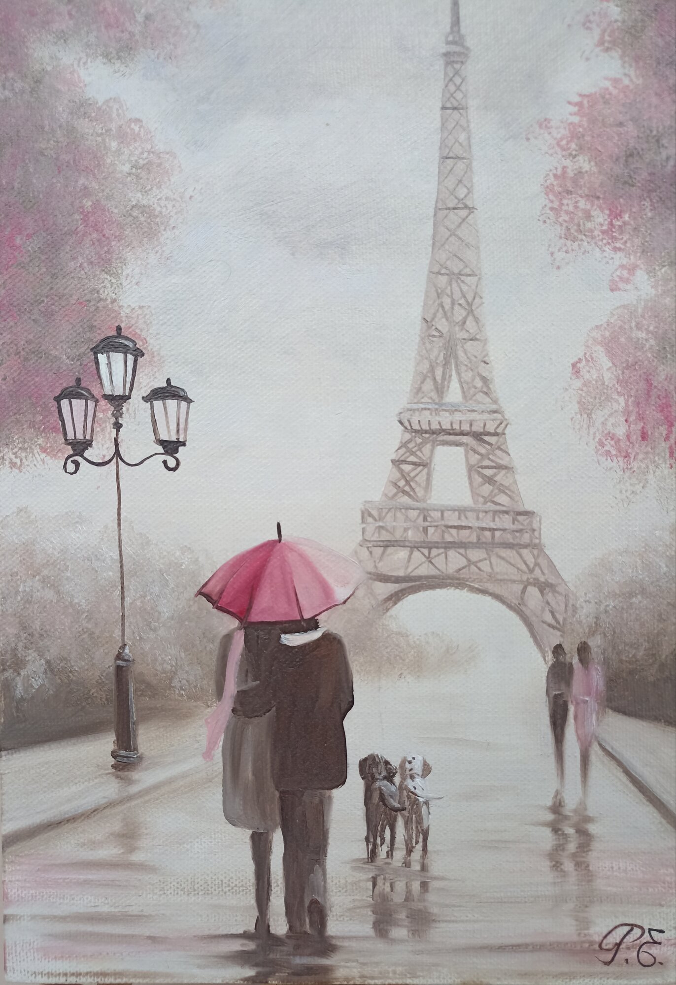 Картина масло/холст. 100% ручная работа, 100% живопись от Художественной мастерской Грёзы. Картина из серии "Люди". Париж. Эйфелева башня. Дождь. Размер картины 20х30 см.