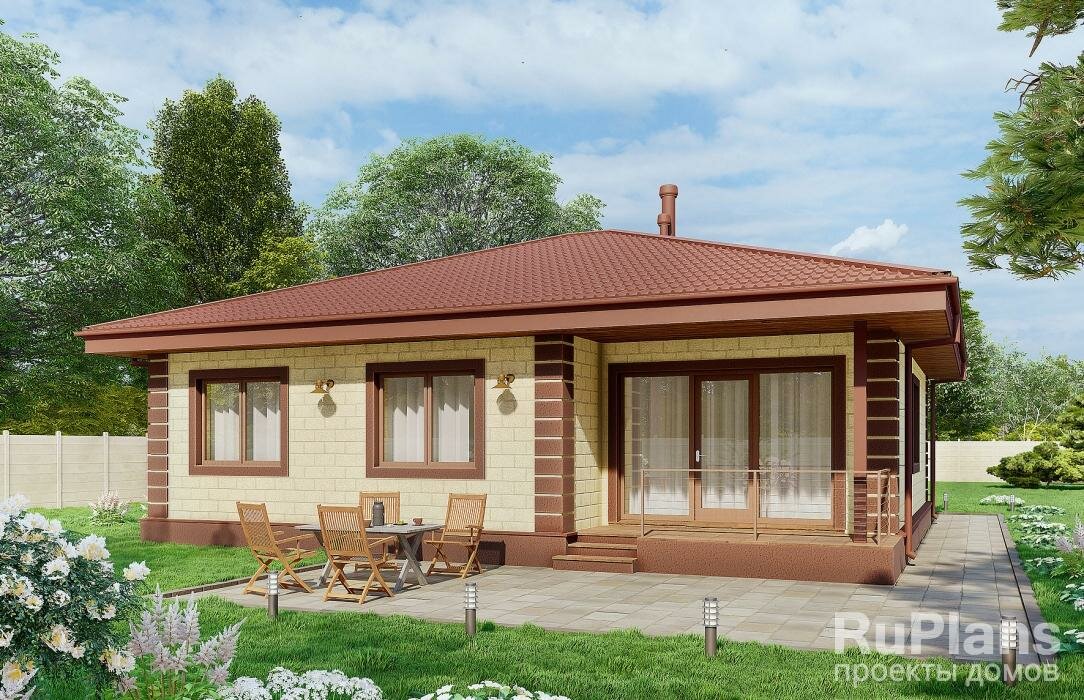 Одноэтажный дом с тремя спальнями и террасой (98 м2, 12м x 11м) Rg5914