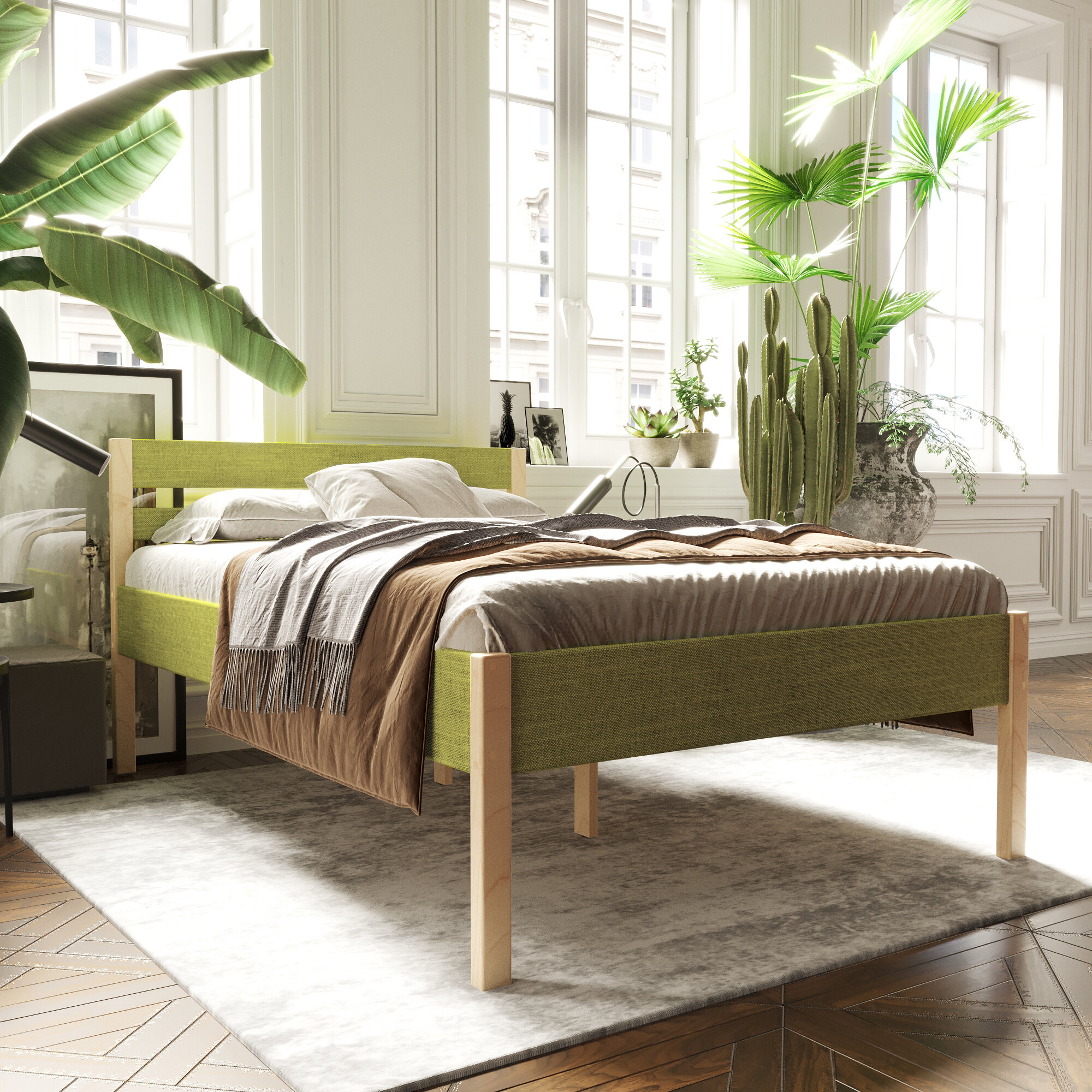 Кровать двуспальная, 140х190 см, Hansales, деревянная, высокая, из массива березы, ткань темно-зеленая