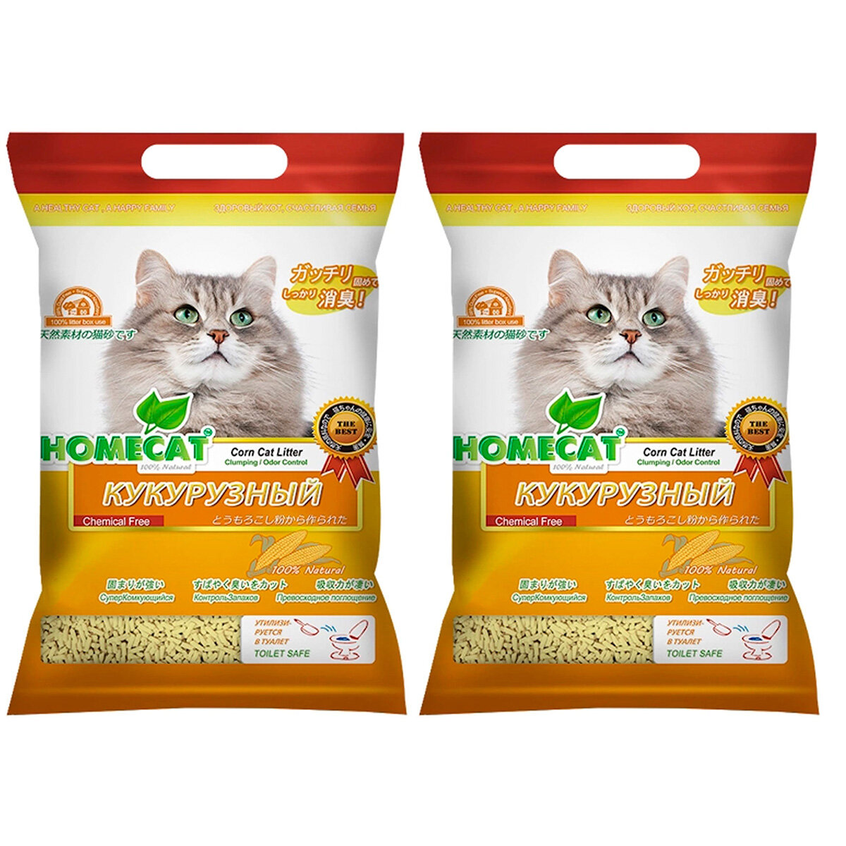 HOMECAT эколайн кукурузный наполнитель комкующийся для туалета кошек (12 + 12 л)