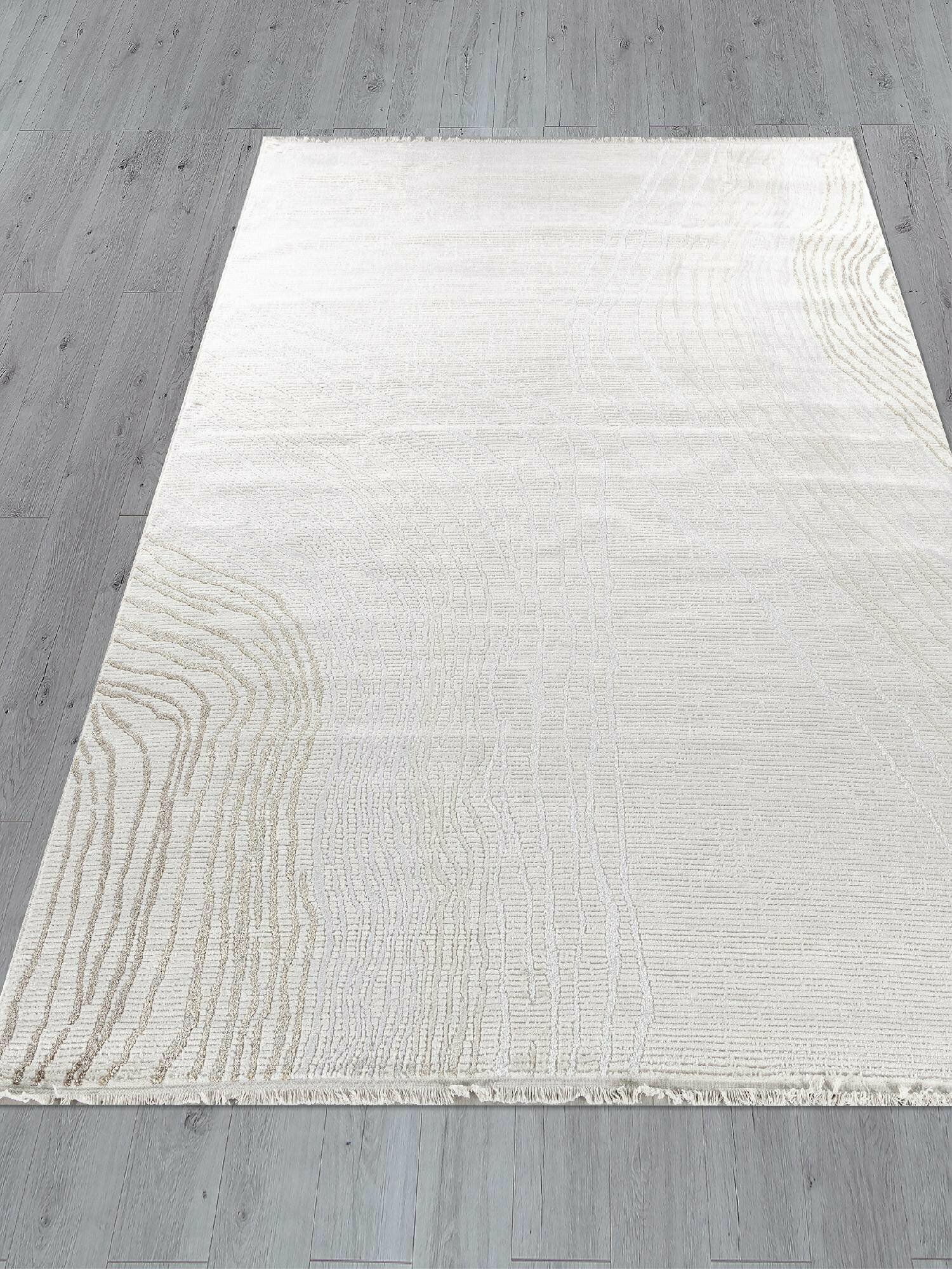 Ковер на пол в гостиную в спальню 80х150 см бежевый современный ворс 9 мм с бахромой 329943 KoverVDom