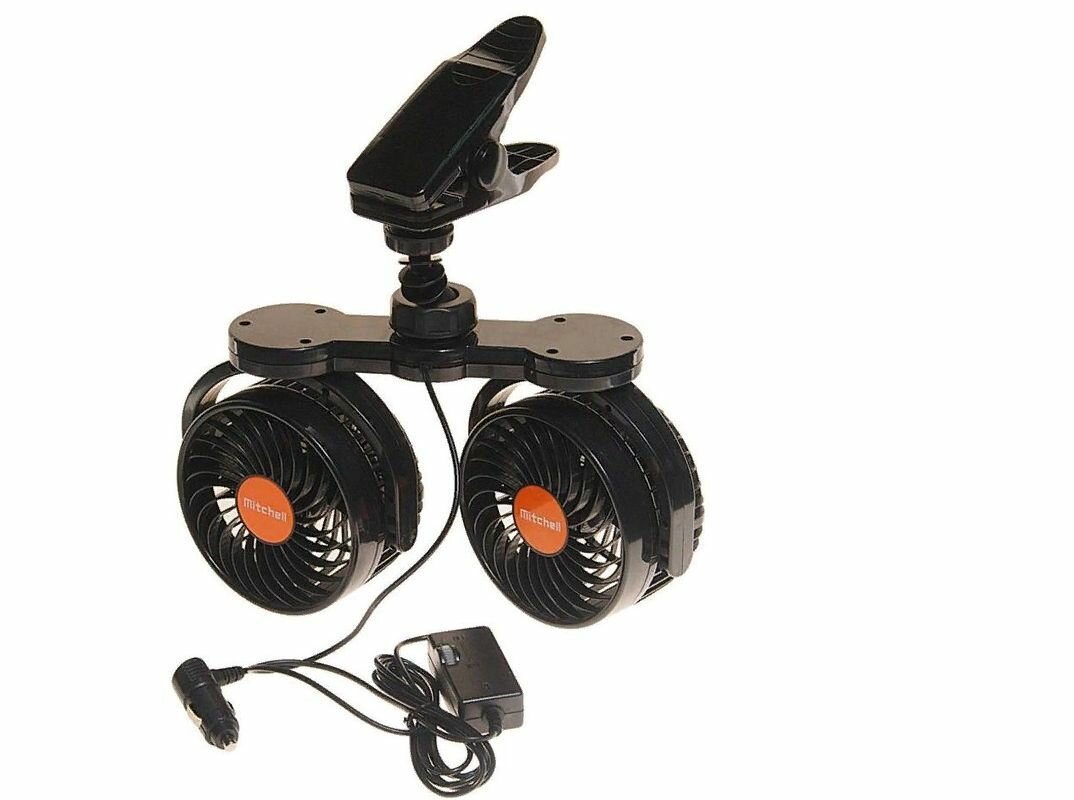 Вентилятор HX-608 13см (5") 24V (13W) диммер, на прищепке, двойной, с регулируемыми углами обдува 360 black/orange MITCHELL NEW