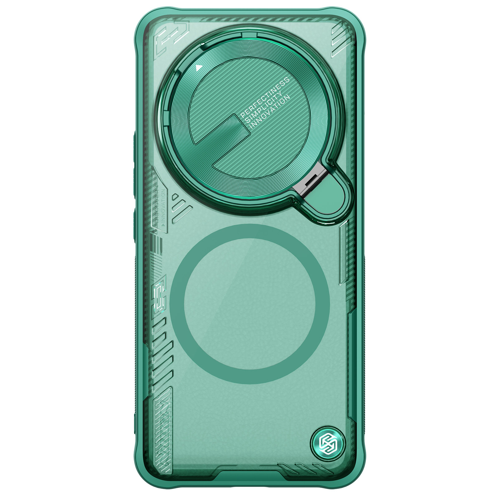 Чехол прозрачный зеленый (Glacier Green) от Nillkin с металлической откидной крышкой и поддержкой магнитной беспроводной зарядки MagSafe на Xiaomi 14 Ultra, серия Iceblade Prop Magnetic Case