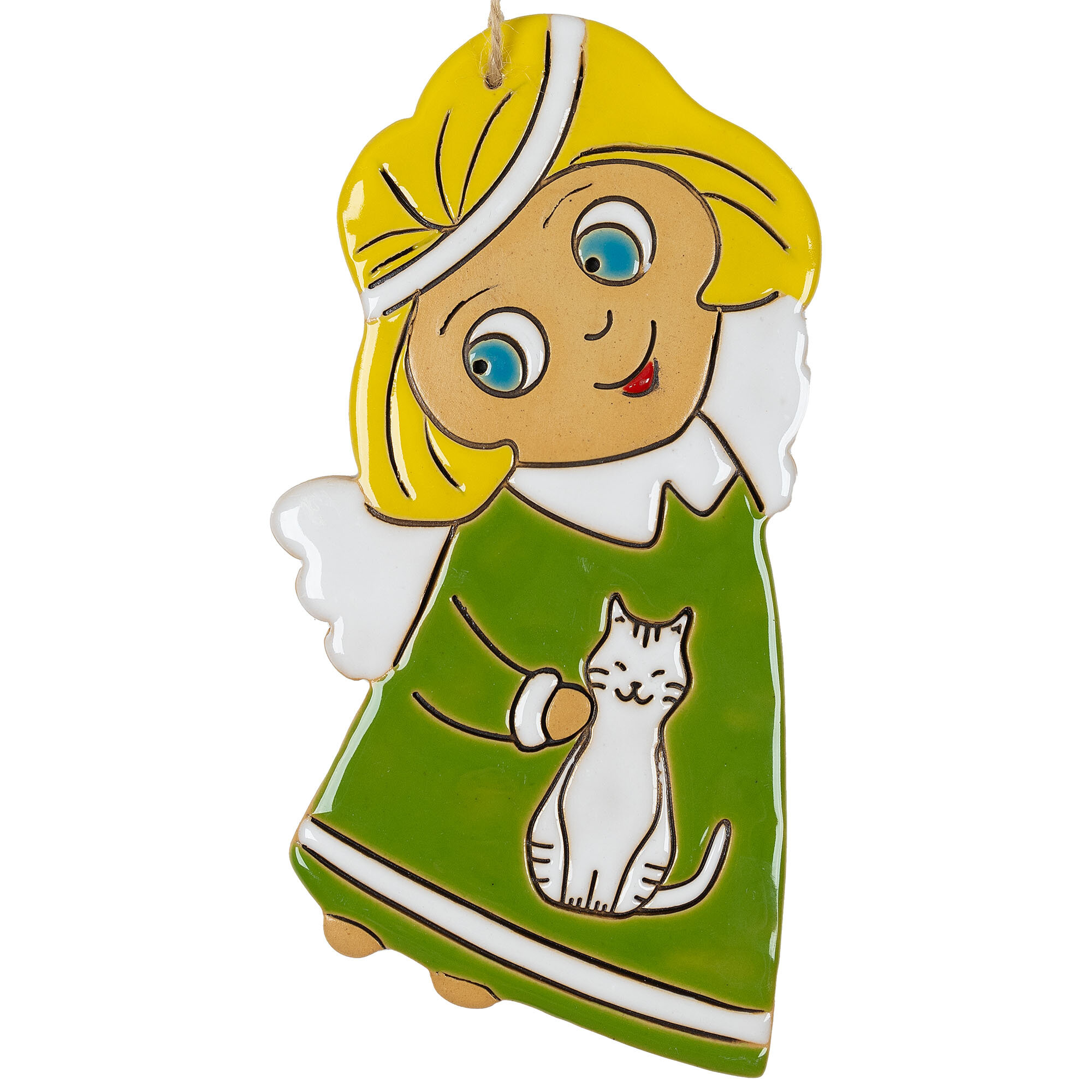 Панно декоративное Ангел с котиком в зеленом платье керамическое авторской ручной работы