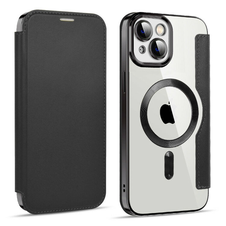 Чехол книжка для iPhone 15 MagSafe RFID с прозрачной панелью и разъемами под карточки (Black)