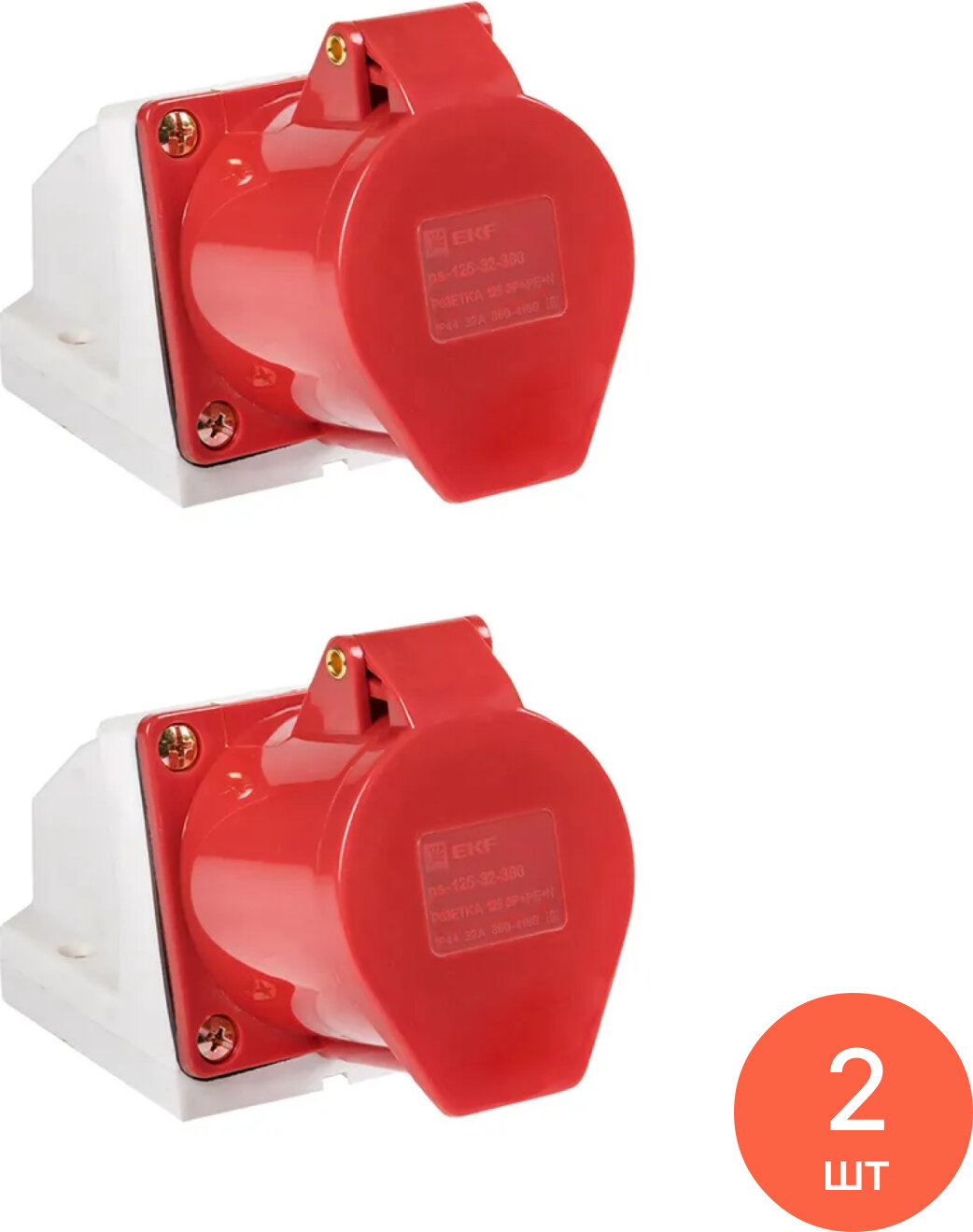 Розетка силовая EKF / ЕКФ 125 стационарная наружная в корпусе из самозатухающего пластика, красная, длиной 101мм, 32А 3Р+РЕ+N 380В, IP44 / электрика (комплект из 2 шт)