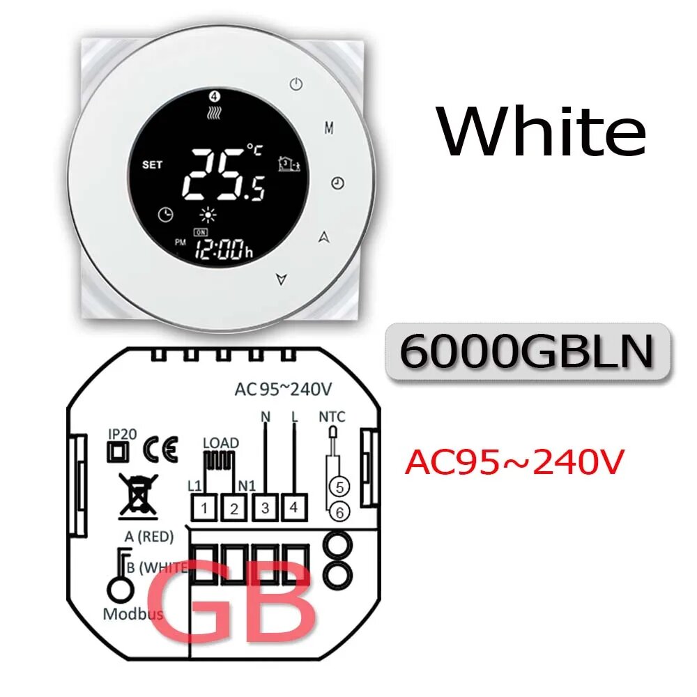 Термостат для теплого пола Modbus RS485 24В 6000GBLN-White 220V