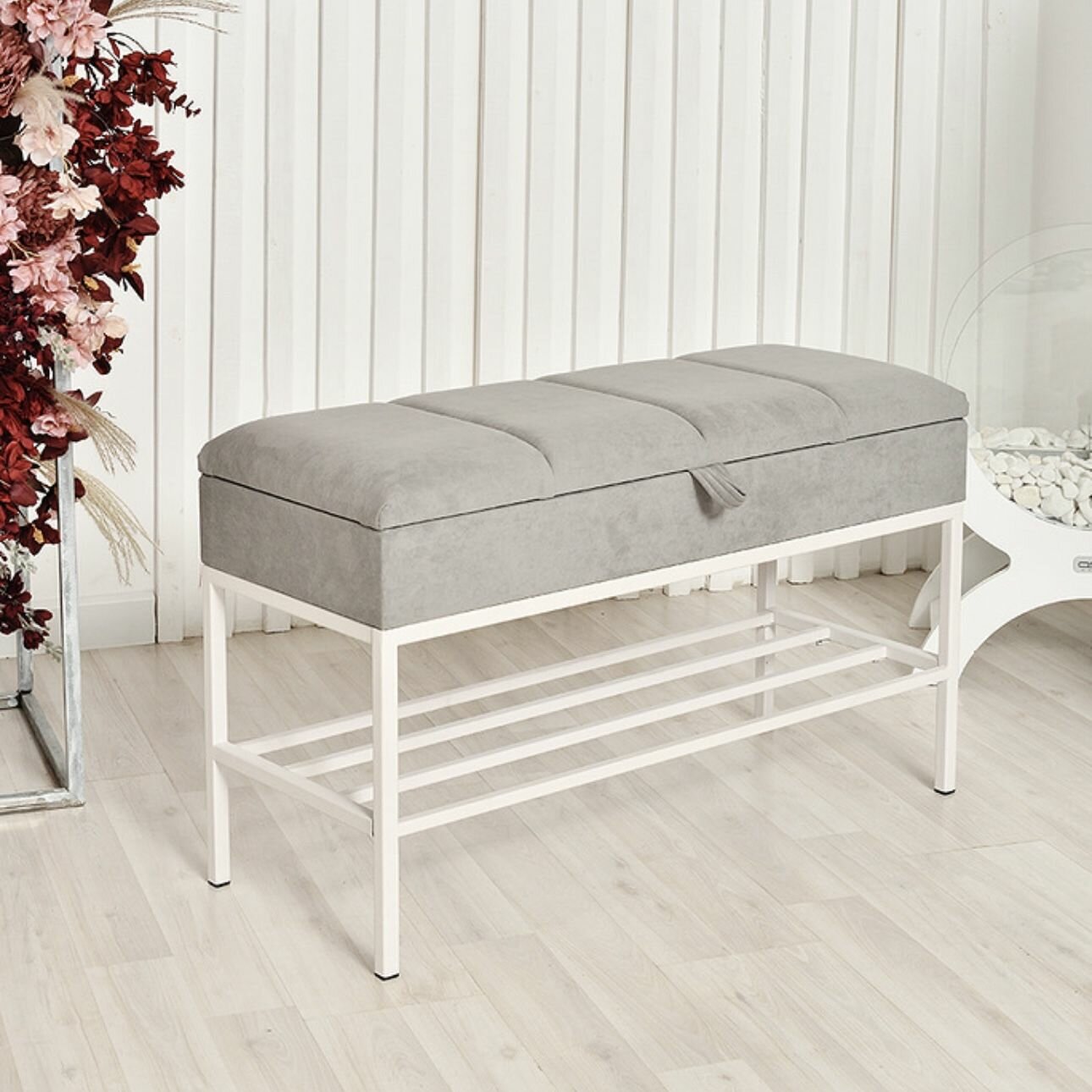 Банкетка в прихожую с мягким сиденьем, ящиком и полками для обуви 90х35х51см