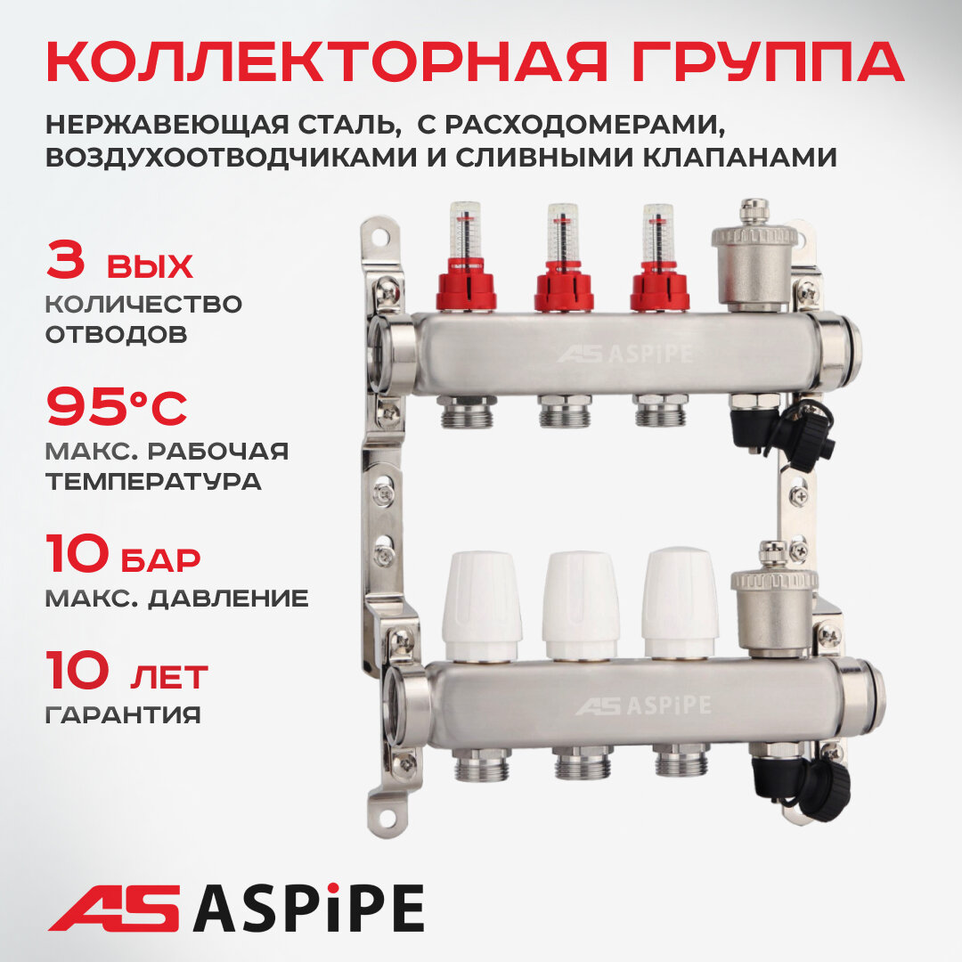 Коллекторная группа ASPiPE (AS-K002) 1"x3/4" на 3 выхода с расходомерами, воздухоодводчиками и дренажными клапанами, нержавеющая сталь