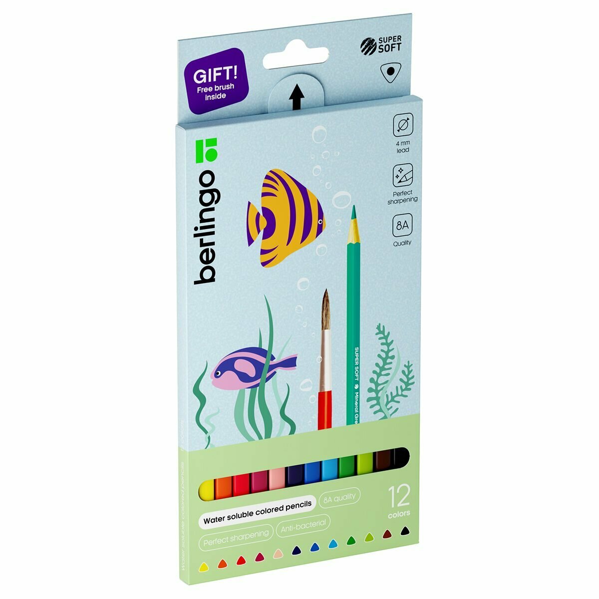 Карандаши акварельные 12 цветов Berlingo "SuperSoft. Рыбки" (L=180мм, D=7мм, 3гр + кисть) картон (SSA1712)