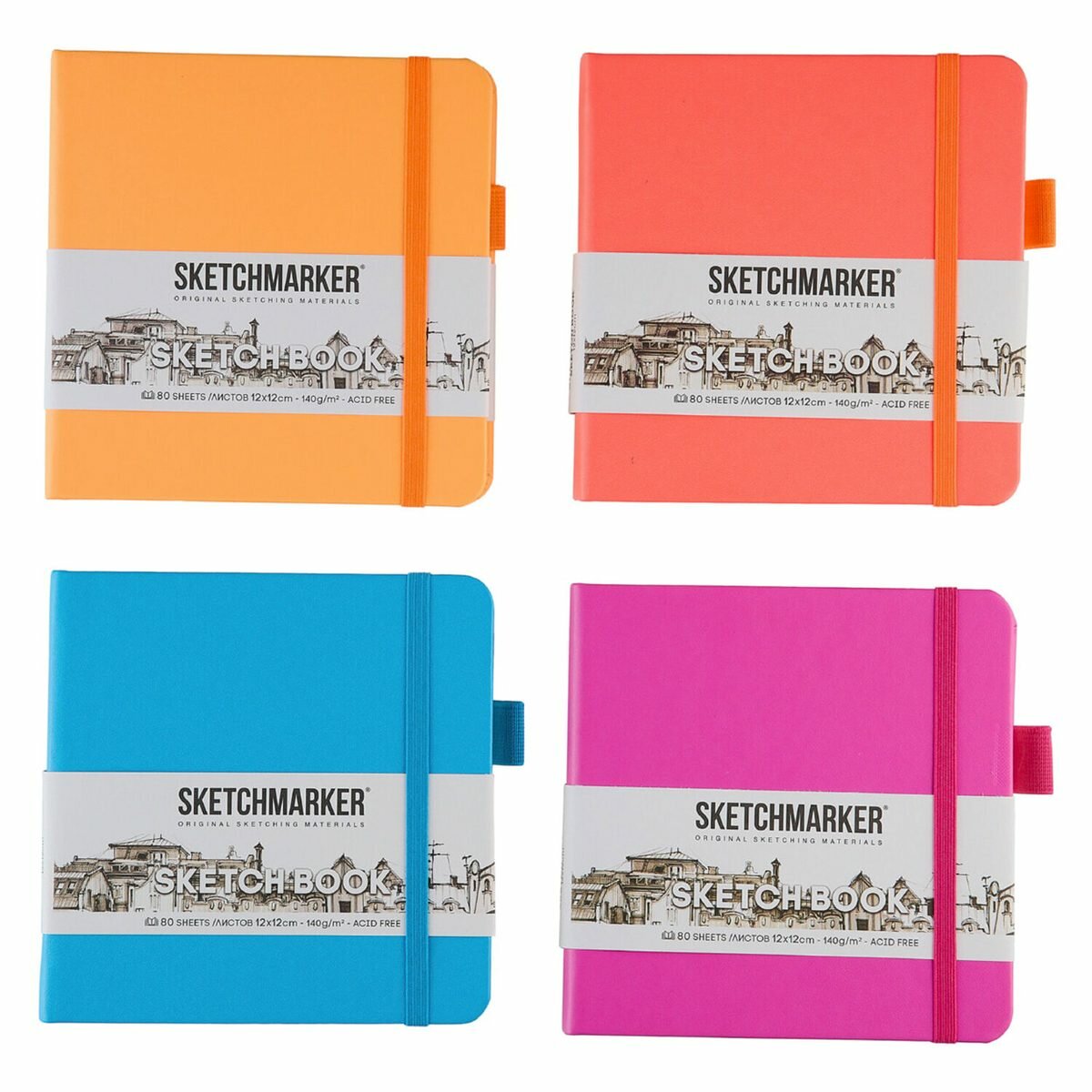 Блокнот для зарисовок 120х120мм, 80л Sketchmarker (слоновая кость, 140 г/кв. м, кожзам, резинка, 4 цвета неон) (23148011OFM), 24шт.
